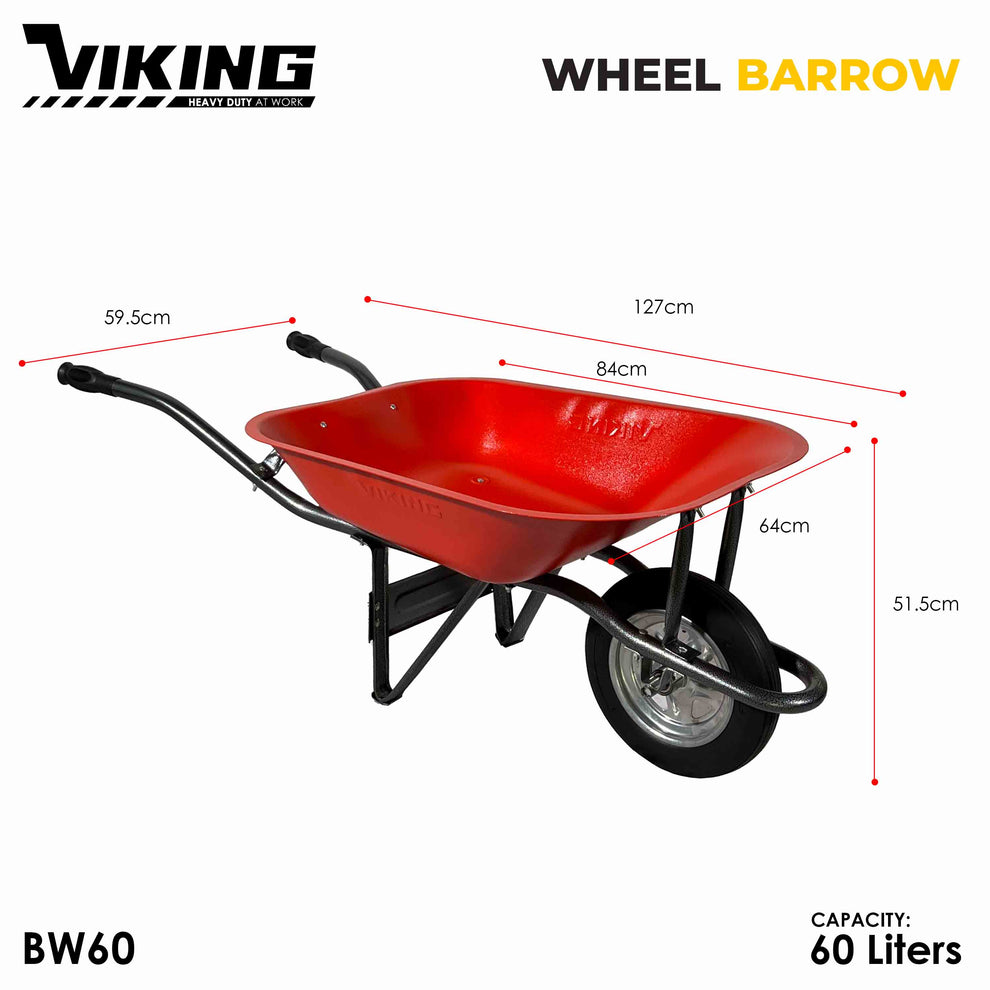 Viking Wide-Type Wheelbarrow - 16 to 20 Gauge Tray, 60 Liters Capacity ...