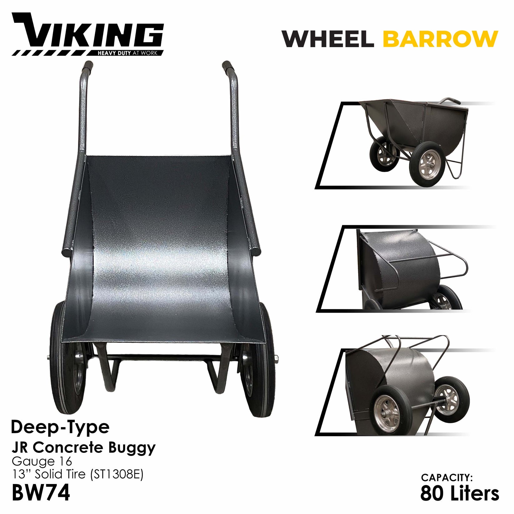 Viking Heavy-Duty JR Concrete Buggy Wheelbarrow – 16 Gauge Tray, 80 Li ...