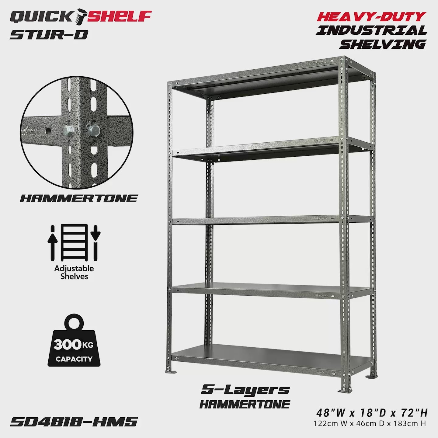 QuickShelf Stur-D Industrial Steel Shelving – 5 Layers, 300 kg Per She ...